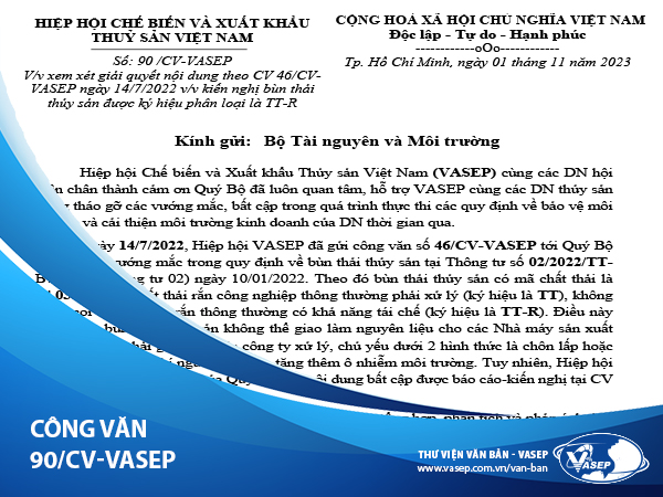 Công văn 90/CV-VASEP: xem xét giải quyết nội dung theo CV 46/CV-VASEP ...