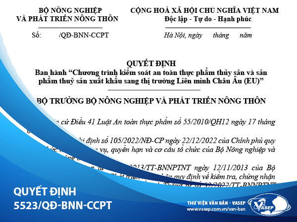 Quyết định 5523/QĐ-BNN-CCPT: ban hành “Chương trình kiểm soát an toàn thực phẩm thủy sản và sản ...